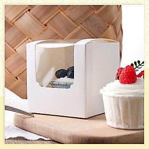 JOHOUSE 20PCS Cupcake Boxes, 3.5"x3.5"x3.5" Individual Cupcake Containers Pre-Assembled Containers with Window and Inserts for Wedding Baby Shower Birthday Gifting