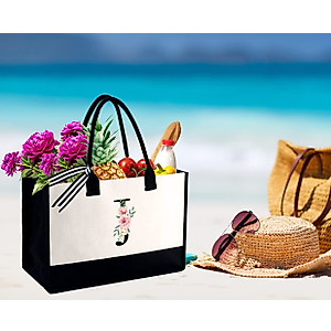 Initial Canvas Tote Bag.Large Canvas Tote Bag for Women.Personalized Birthday Gifts for Women Teacher Bridesmaid.Floral Monogram Tote Bag with Pocket & Initial Necklace. Black/White