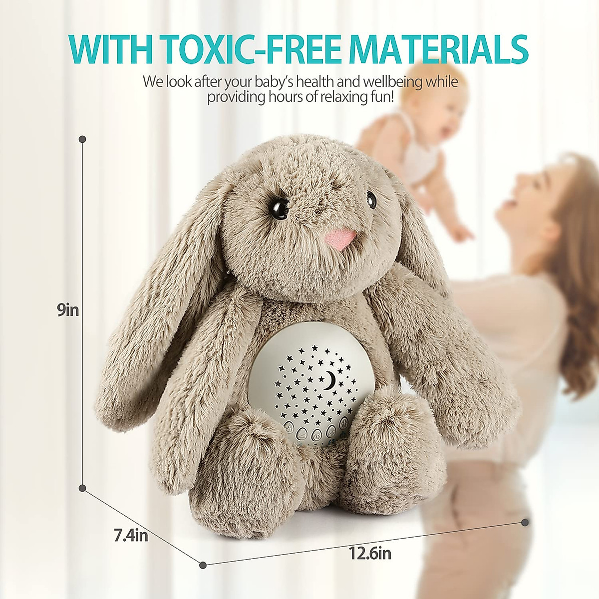 BEREST Baby Sleep Soother Bedtime Bunny with Starry Projector Night Light, Plush Stuffed Animal for Newborn Infants, Lullaby Music, White Noise, Mother's Heartbeat for Boys & Girls Shower Gifts