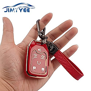 Jimtyee for GMC Key Fob Cover with Leather Lanyard Keychain Key Fob Case Shell Protection for Chevy Silverado Tahoe Suburban GMC Sierra Yukon Smart Remote Key Protector(Red)