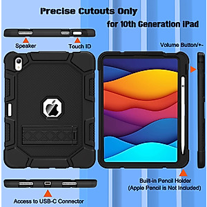 Rantice iPad 10th Generation Case 2022, 10.9 Inch iPad Case with Pencil Holder, iPad 10.9 Case with Kickstand, Hybrid Shockproof iPad 10th Gen Case for Kids Boys Girls Children, Black