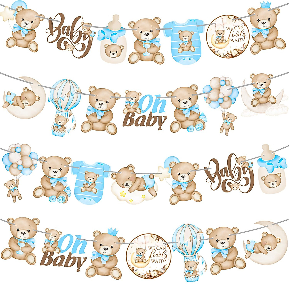 Teddy Bear Party Banner 3Pcs We Can Bearly Wait Baby Shower Decorations Blue Bear Baby Shower Banner for Baby Boy Gender Reveal Party Decorations