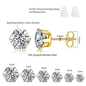 18K Gold Plated Stainless Steel Stud Earrings Set 6 Pairs, Sparkly AAAAA+ Cubic Zirconia Earring Stud Earrings Set for Women and Men Hypoallergenic