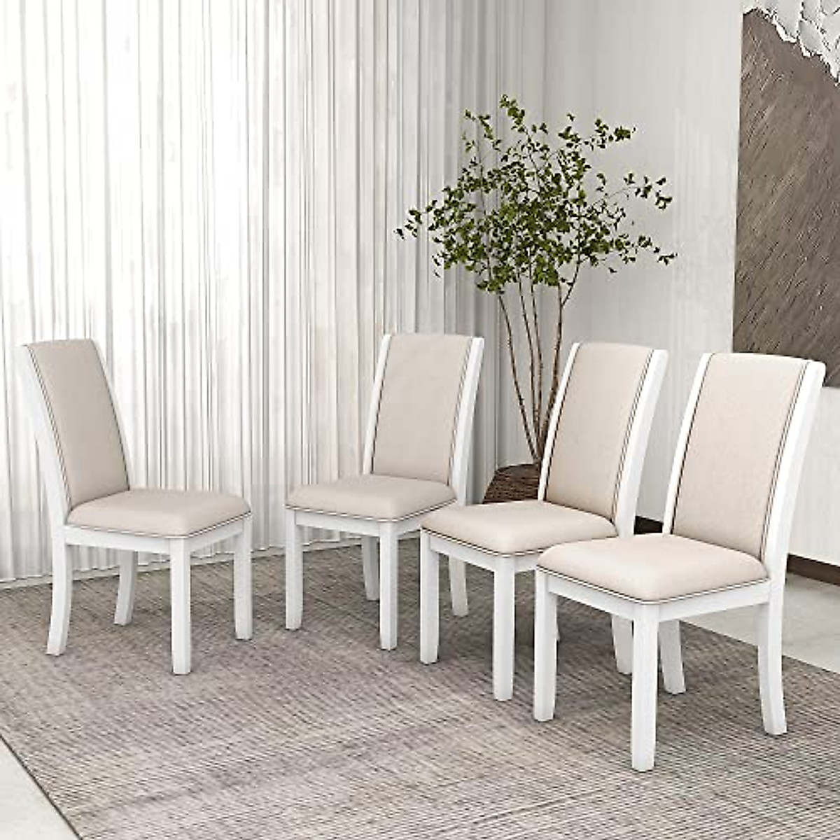 LUMISOL Upholstered Dining Chairs Set of 4, High Back Padded Dining Chairs with Solid Wood Legs, Modern Linen Fabric Kitchen Chairs (White + Beige)