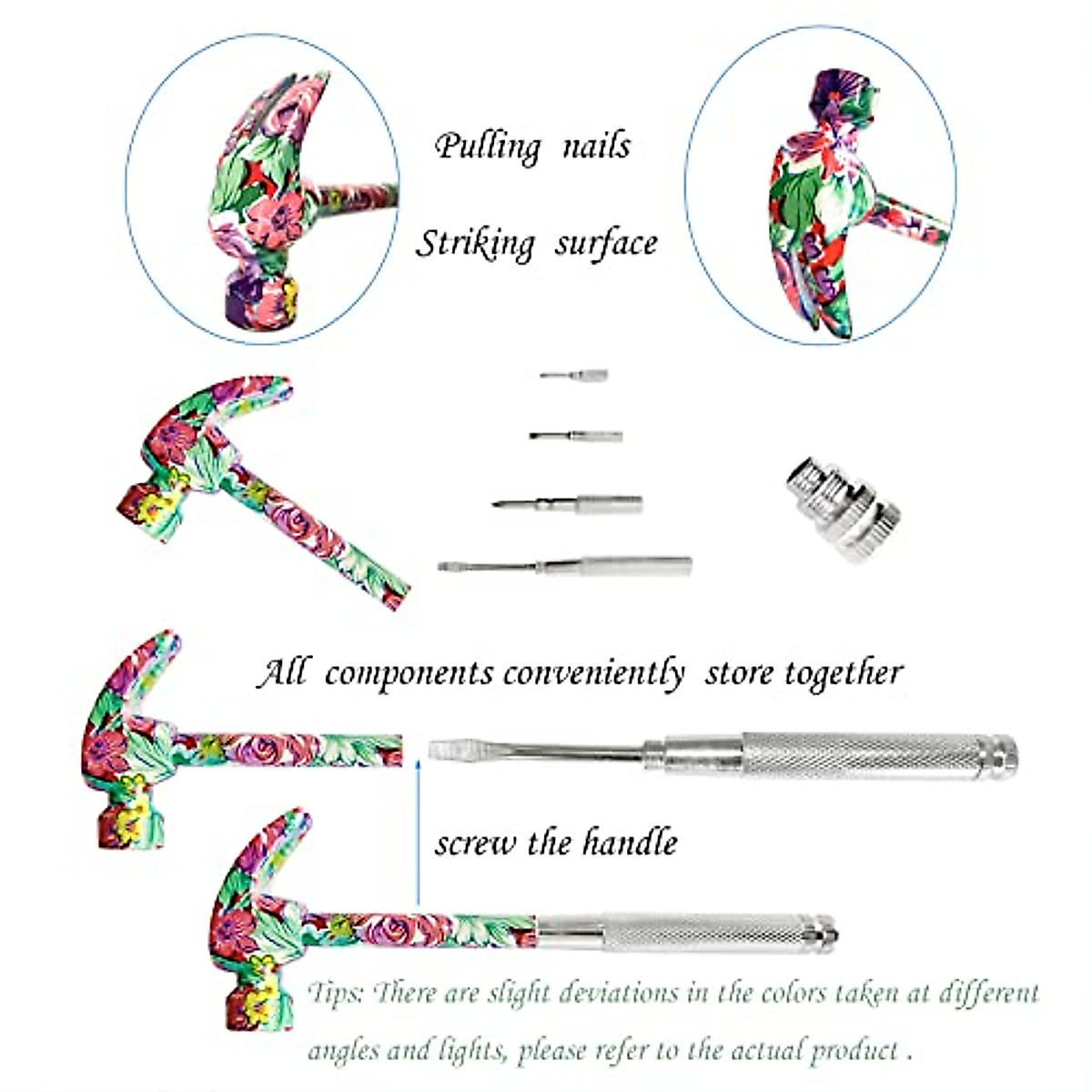 Multitool Hammer, All In One Screwdriver Hammer Tools Set with Screwdriver Anti-Slip Grip Handle Print Floral Hammer Screwdriver Tool Set Best Gift for Birthday Valentine's Mother's day (Pink)