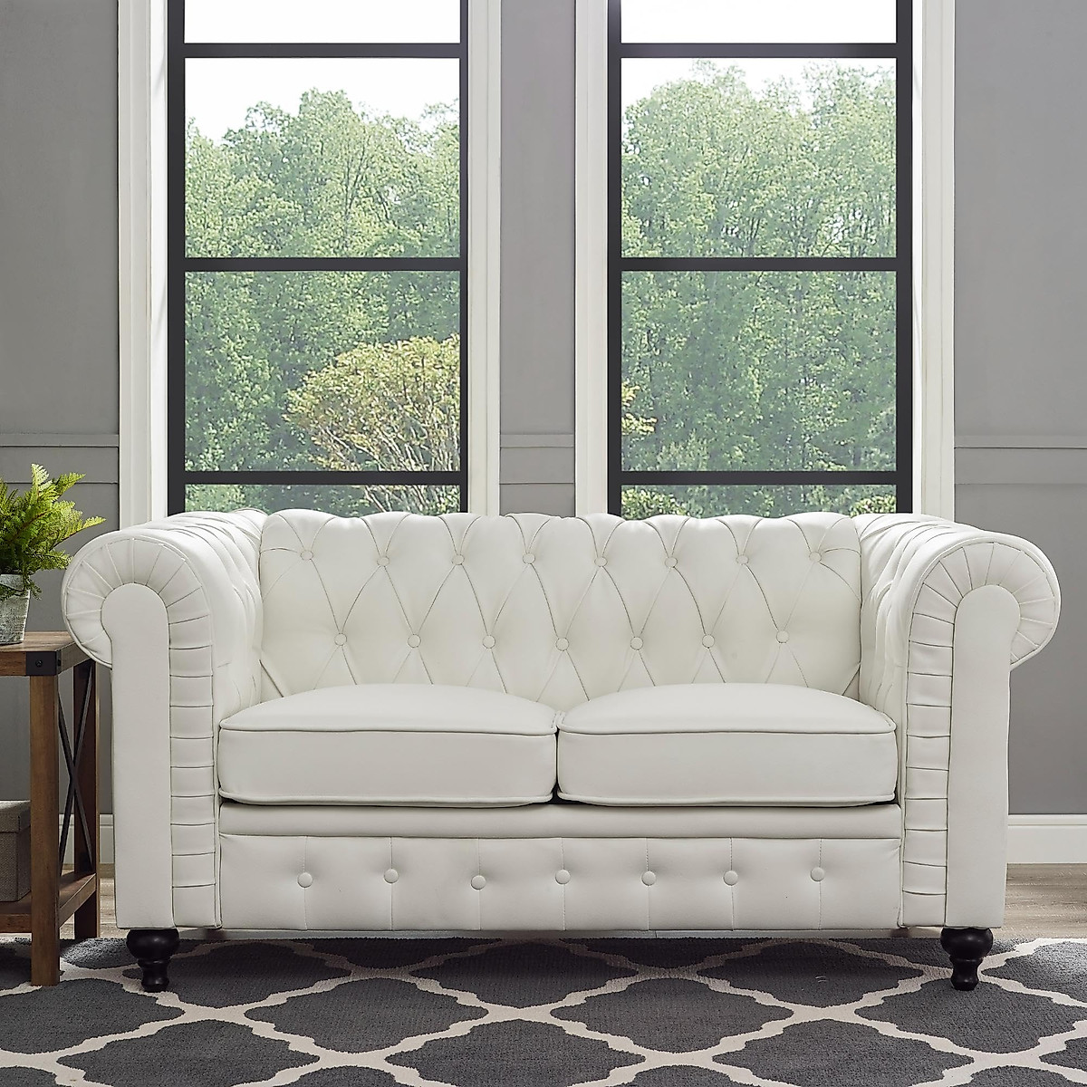 Naomi Home Emery Chesterfield Leather Loveseat, Mini Sofa Sleeper Loveseat, Small Sofa Bed with Rolled Arms, Tufted Cushions 2 Seater Sectional Small Loveseat for Small Spaces, Living Room White