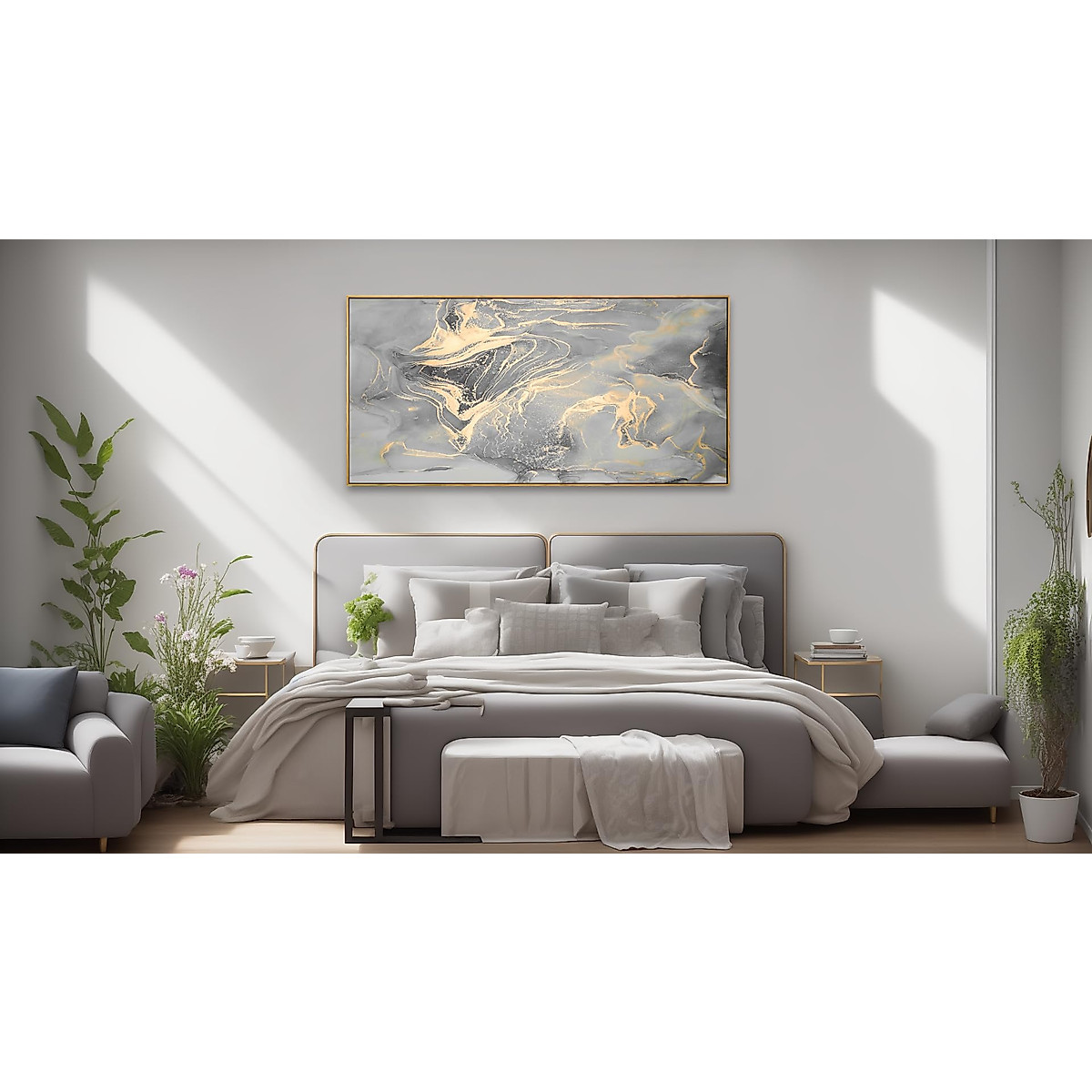 Wall Art Abstract Canvas Painting Gray Wall Decor Fluid Ink Modern Artwork for Living Room Bedroom Dining Room Home Office Decor 20"x40" with Framed
