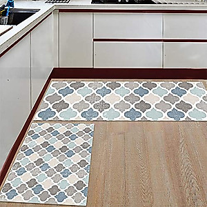 Houseown Kitchen Rugs and Mats 2 Pcs Set, Boho Moroccan Blue Grey Geometric Plaid Microfiber Kitchen Mat Non-Slip Washable Home Decor for Kitchen Floor Home Office Laundry