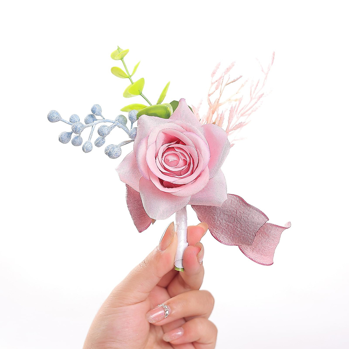 GLIDLION 2Pcs Men Boutonniere and Woman Wrist Corsage Set,Artificial Flowers Groom/Groomsman Boutonniere Pins,Bride/Bridesmaid Wrist Corsage for Wedding Party Homecoming Prom (Dusty Pink)