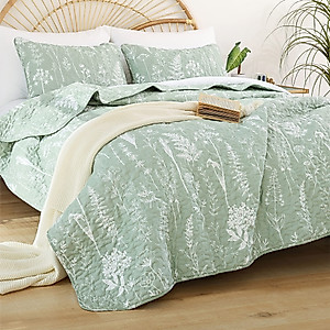 JANZAA Quilts Queen Size Sage Green Quilt Botanical with Floral Pattern Microfiber Bedspreads Queen Size 3 Pieces Lightweight Comforter Reversible Bedding Set with 2 Pillow Cases