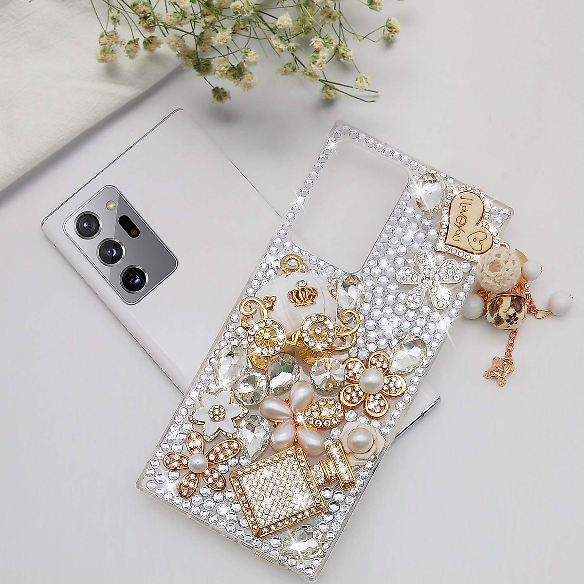 Guppy for Galaxy Note 20 Ultra Case Women Luxury 3D Bling Shiny Rhinestone Diamond Crystal Pearl Handmade Pendant Iron Tower Pumpkin Car Flowers Soft Protective Anti-fall Case for Galaxy Note 20 Ultra