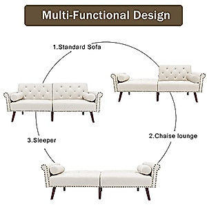 SUN & SUMMER Futon Sofa Bed for Living Room Loveseat Sectional Sofa Convertible Sleeper PU Leather Tufted Couch with 2 Bolster Pillows Beige
