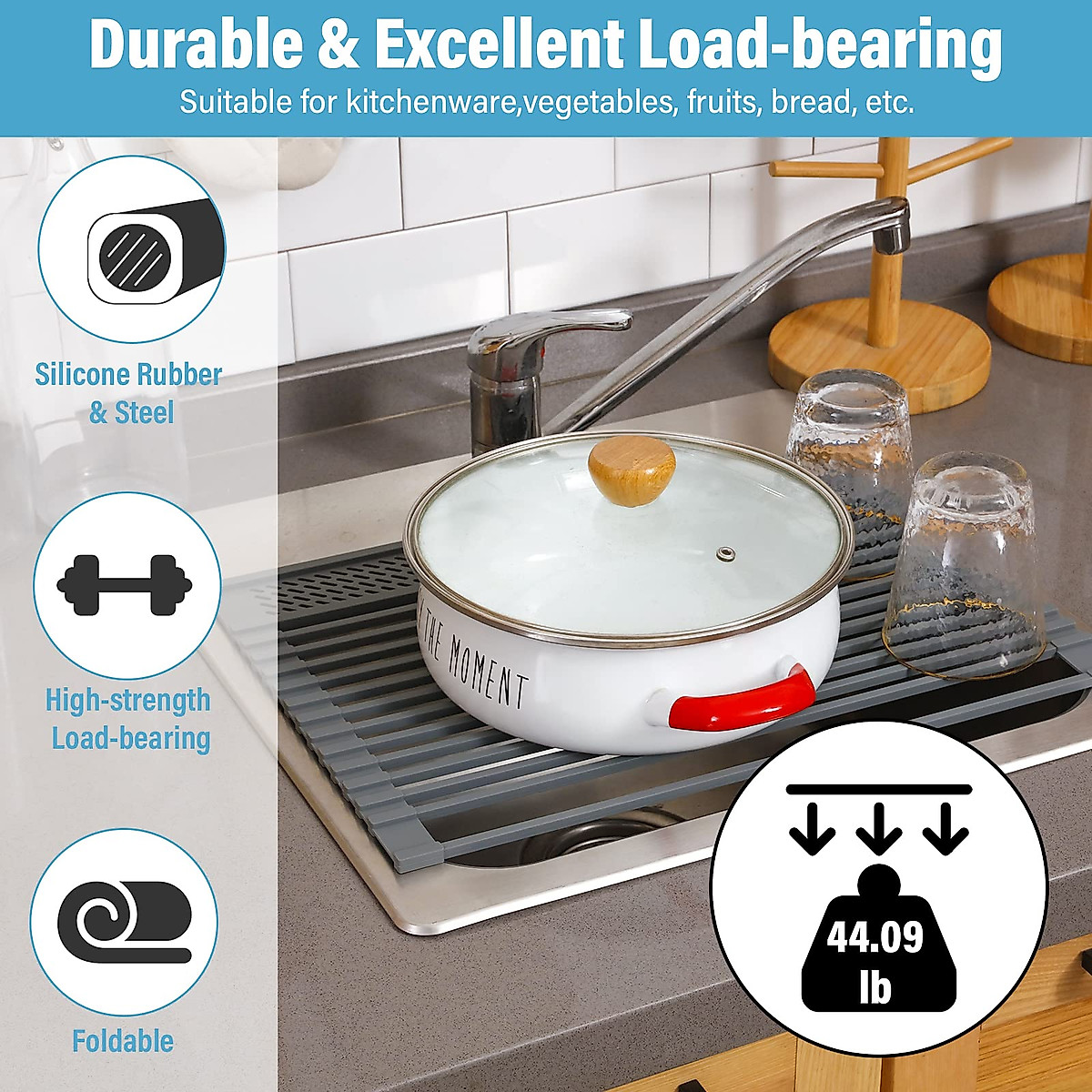 ATTSIL Roll-Up Dish Drying Rack, Multifunctional Rollable Over Sink Dish Rack with Utensil Holder, Foldable Silicone Wrapped Steel Drain Rack for Kitchen Sink Counter, 16.85"(L) x 12"(W)