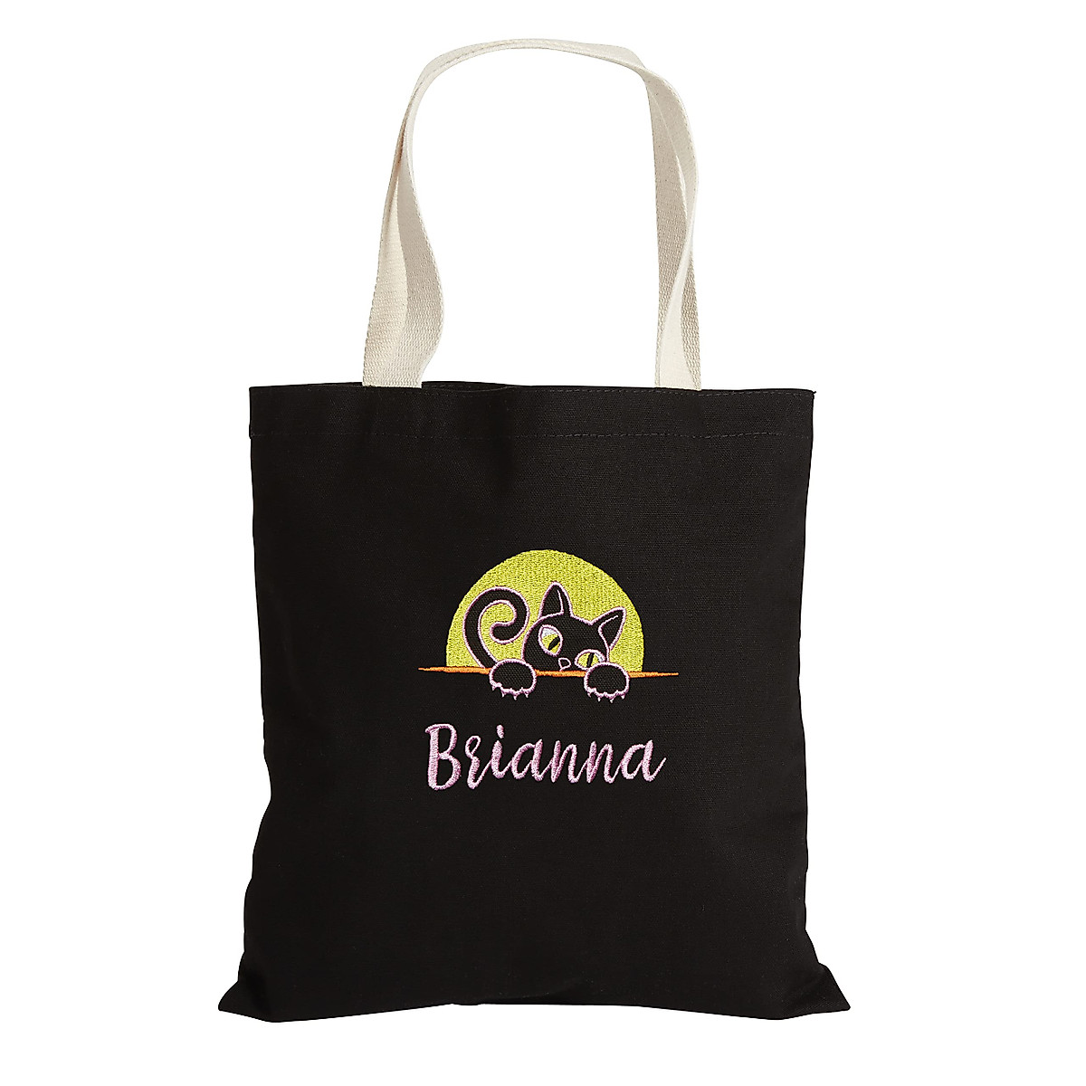 Personalization Universe Embroidered Black Cat Halloween Tote Bag, Customizable with Name, 100% Cotton, Ideal for Trick or Treat, Halloween Candy, and Halloween Toys
