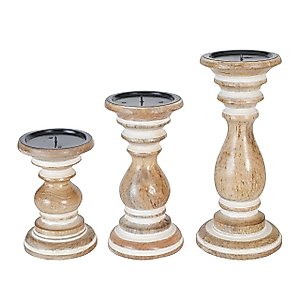 Wood Candle Holder, Candle Holder for Christmas Decoration, Wooden Pillar Candle Holder, Tall Candle Holders, Farmhouse Candle Holder, Candle Holder Set of 3, Height (10+8+6) inch White Wash