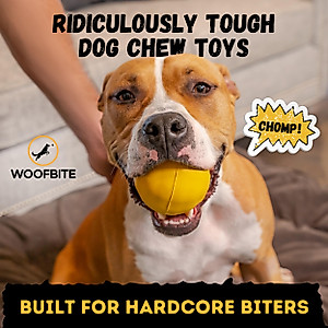 WoofBite Indestructible Dog Ball - Lifetime Replacement - Medium & Large Breed - Ultra Durable for Aggressive Chewers - Natural Rubber - Fetch Tug & Chew - 3in - Yellow (Highly Visible Color for Dogs)