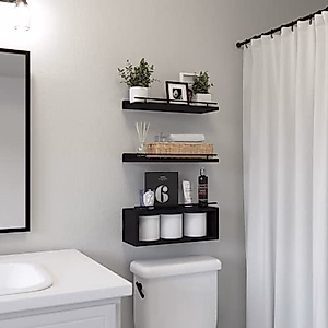 WOPITUES Floating Shelves with Extra Cube Shelf, Shelves for Wall Decor with Gold Metal Rail, Wall Shelves for Bedroom, Bathroom, Kitchen, Living Room, Plants, Pictures, Toilet Paper- Modern Black