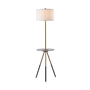 Teamson Home Modern Reading Tripod Floor Lamp Standing Light with USB Port and Glass Table White Shade Black Finish