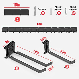 Mutilife 64inch Garage Tool Organizer Wall Mount, Heavy Duty Garden Organization for Shovel & Rake Hangers Yard Tool Rack, Sturdy Shed Storage Rack, 4 Aluminum Rails & 10 Steel Adjustable Hooks