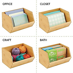 mDesign Bamboo Stackable Food Storage Organization Bin Basket - Wide Open Front for Kitchen Cabinets, Pantry, Offices, Closets, Holds Snacks, Dry Goods, Packets, Spices, Teas - 2 Pack - Natural Wood
