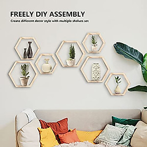 ZENGAOOU Hexagon Floating Shelves, Set of 3 Wall Mounted Wood Farmhouse Storage Honeycomb Wall Shelf Bathroom Home Decor for Kitchen, Bedroom, Living Room, Office - Light Brown