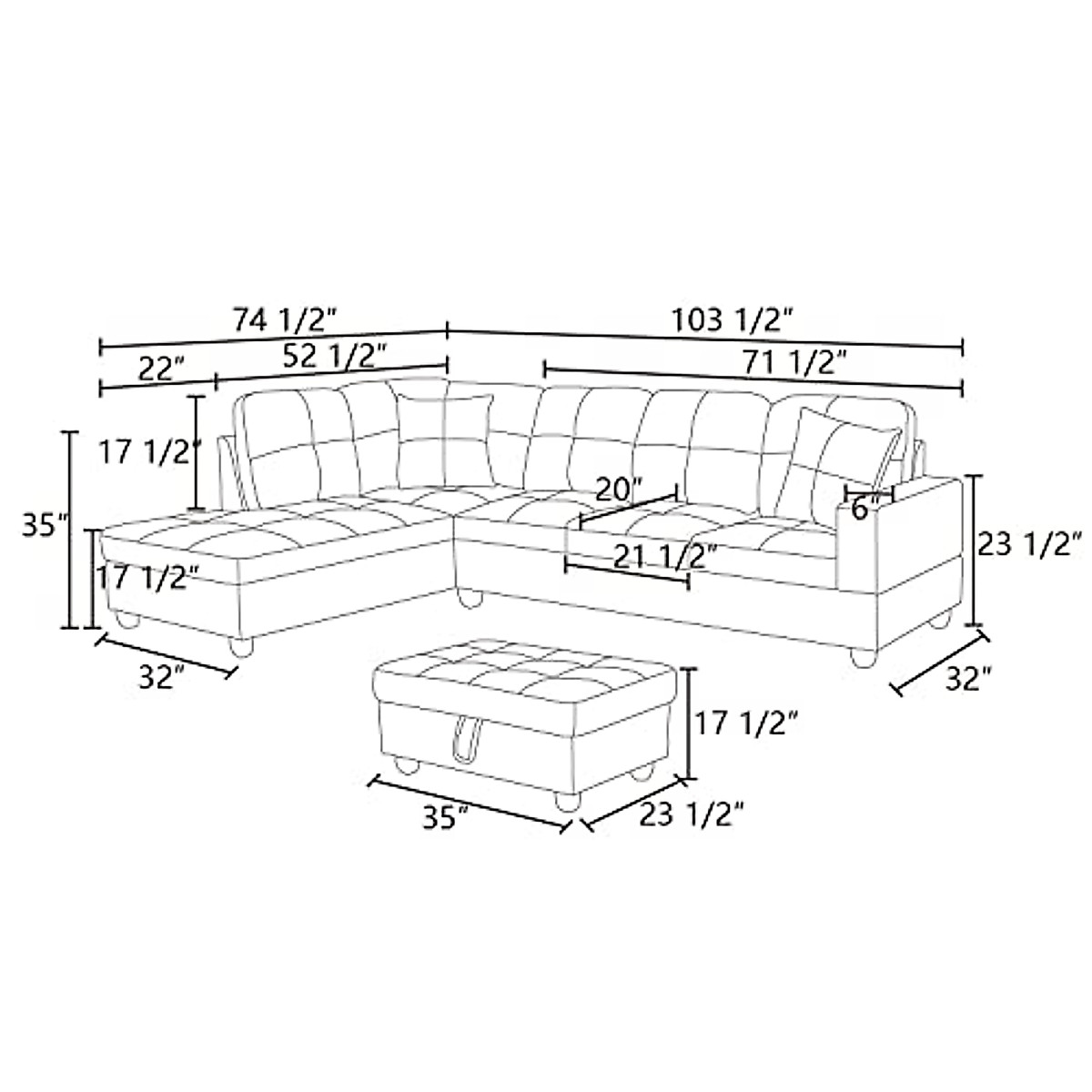 EZLUX Red Flannel and PVC L-Shaped Left Chaise Sectional Sofa Couch Set with Storage Ottoman for Living Room