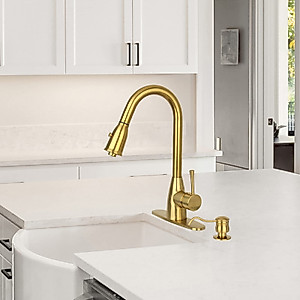 Akicon One-Handle Brushed Gold Pull Down Kitchen Faucet with Deck Plate - 5 Years Warranty (Brushed Gold)
