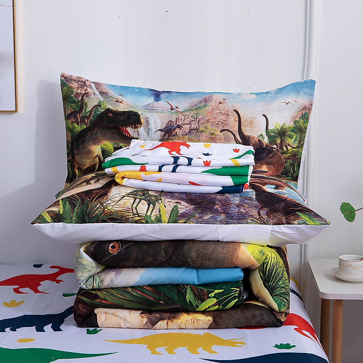 NiuOne Dinosaur Bedding Twin Comforter Set for Boys/Kids/Girls, Dinosaur Twin Bedding Set, 9 Piece Dinosaur Comforter Set Twin Size Bed in a Bag, Soft Microfiber Kids Summer Comforter Set Twin Size