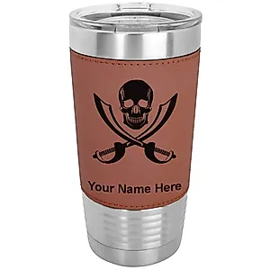 LaserGram 20oz Vacuum Insulated Tumbler Mug, Jolly Roger, Personalized Engraving Included (Faux Leather, Dark Brown)