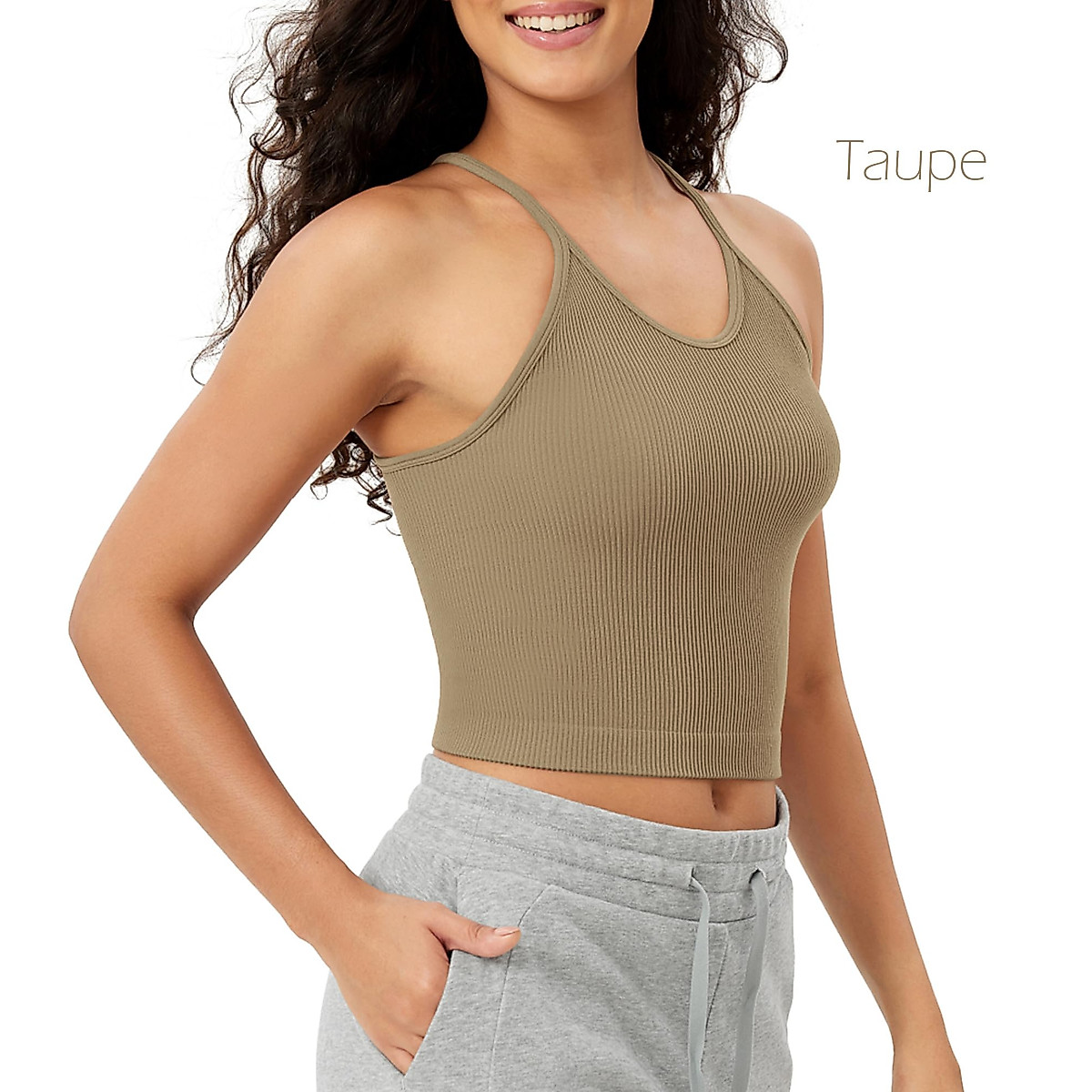 ODODOS Women's Crop 3-Pack Washed Super Soft Lightweight Rib-Knit Camisole Crop Tank Tops, Mushroom Taupe Charcoal, Medium/Large