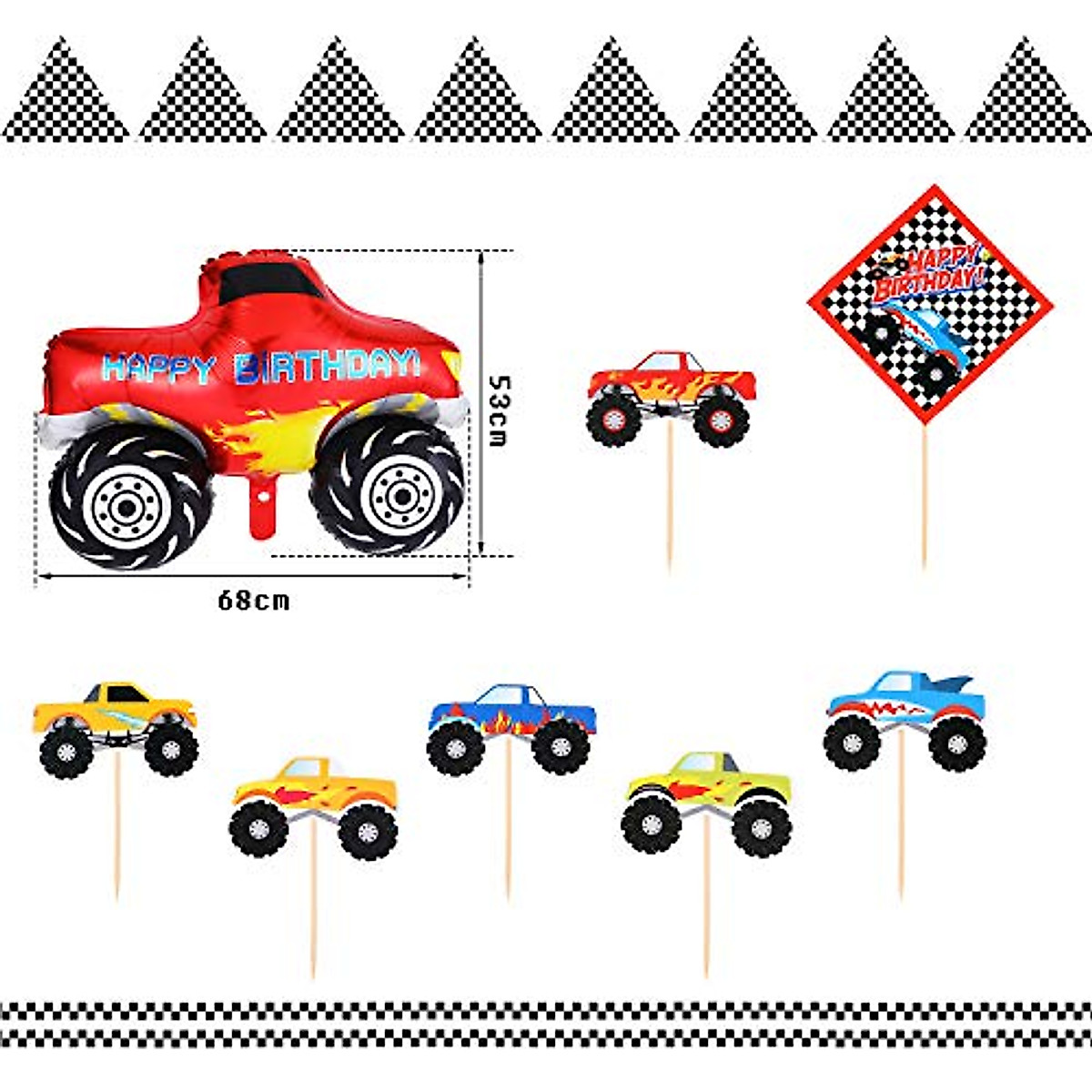 39 Piece Truck Birthday Party Supplies Happy Birthday Banner Truck Banner Triangle Bunting Flags Pom Poms Flowers Hanging Swirls Truck Shape Balloons Multicolor Balloons Cupcake Topper