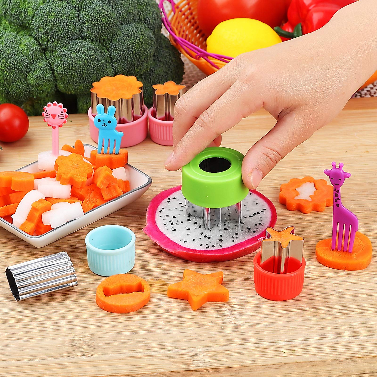 Vegetable Cutter Shapes Set, 24pcs, Mini Cookie Cutters Set Fruit Cookie Pastry Stamps Mold with 30pcs Food Picks and Forks -for Kids Baking and Food Supplement Accessories