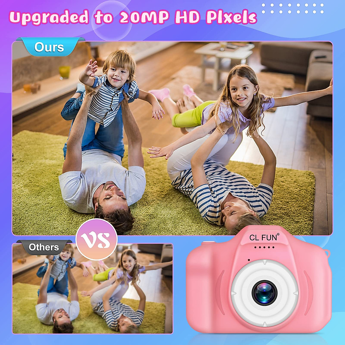 CL FUN Kids' Camera - HD Digital Video Camera for Girls & Boys Age 3-12, Portable Selfie Toy with 32GB Card - Perfect for Christmas & Birthday Gifts (Pink)