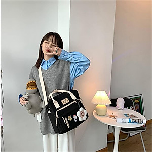 JELLYEA Kawaii Backpack Cute Tote Bag with Flower Accessories Kawaii Pins for Girls School Rucksack (Black)