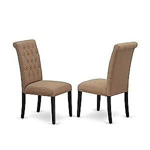 East West Furniture DLBR5-BLK-17 Dublin 5 Piece Kitchen Set Includes a Round Dining Room Table with Dropleaf and 4 Light Sable Linen Fabric Parsons Chairs, 42x42 Inch, Black