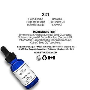 HENRI ET VICTORIA Beard Oil Fragrance-Free, Unscented | Canadian Made by Skilled Artisan | Moisturizing, Non-Greasy, Natural Ingredients | 28g (1oz)