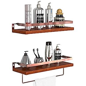 GeekDigg Floating Bathroom Shelves, Wall Shelf Set of 2 with Integrated Towel Bar, Floating Shelves Wood with Rose Gold Rails for Bedroom, Living Room, Bathroom, Kitchen, Office Storage