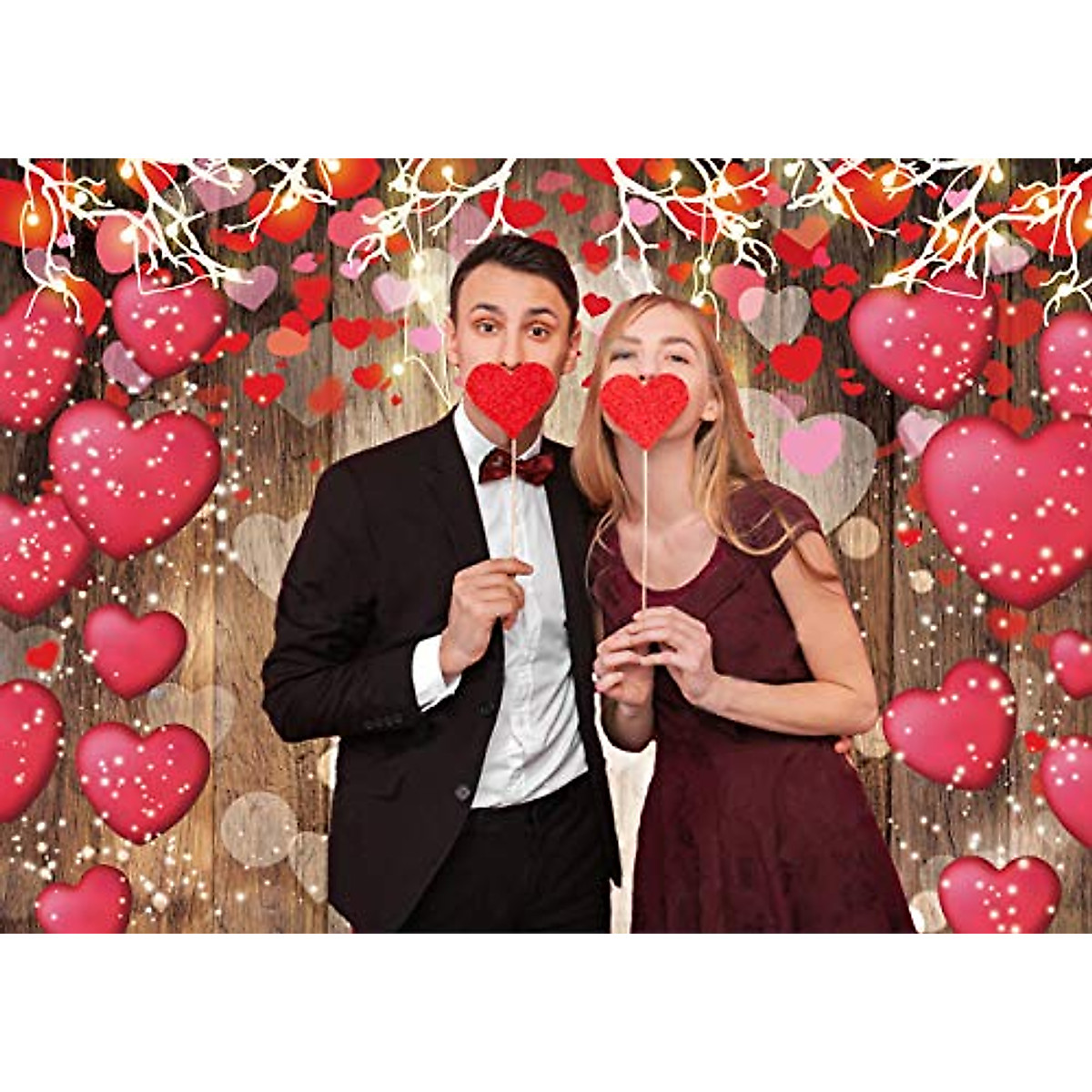 Dudaacvt 7x5ft Valentine's Day Backdrop Rustic Wood Red Love Heart Background for Mother's Day Wedding Bridal Shower Party Decor Banner Portrait Photo Studio Booth Props D480