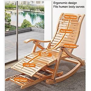 Oversized Rocking Chair,Adjustable Rocking Chair,Outdoor Patio Rocking Chair with Headrest Pillow and Foot Massage Board,Load-Bearing 180KG Comfort Bamboo Loungers Deck Chair Patio Pool Garden Chair (