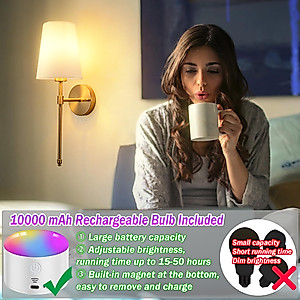 YHCDLAMP Battery Operated Wall Sconce Set of 2, Rechargeable Wall Sconce with 10000mAh Bulb and Remote Control, Up to 50 Hrs Use, RGB Dimmable Wireless Wall Lights for Living Room Bedroom Hallway
