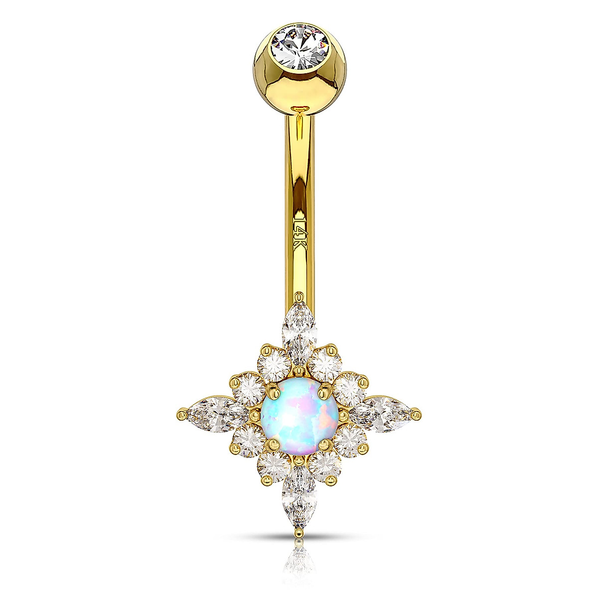 COCHARM 14k Gold Star Belly Rings 14g Diamond and Opal Solid Gold Belly Button Ring Barbell for Women