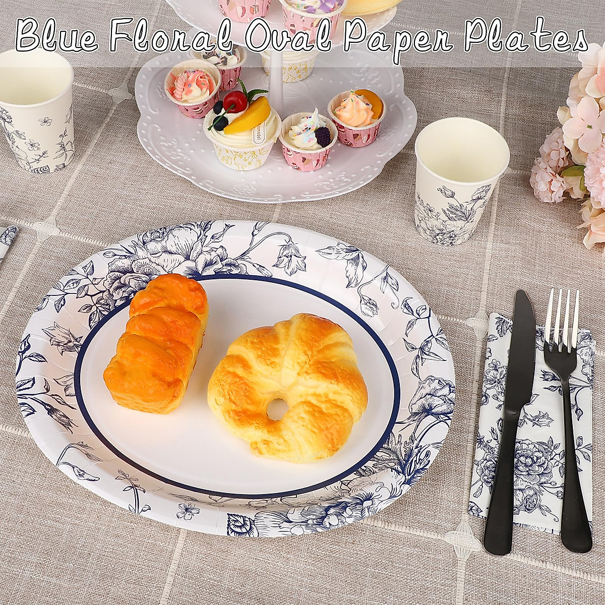 TWOWYHI 50PCS Paper Plates 12Inch Oval Paper Plates Heavy Duty Dinner Disposable Plate for Party with Blue Floral Style for Tea Party Birthday Wedding Birdal Shower Party Supplies