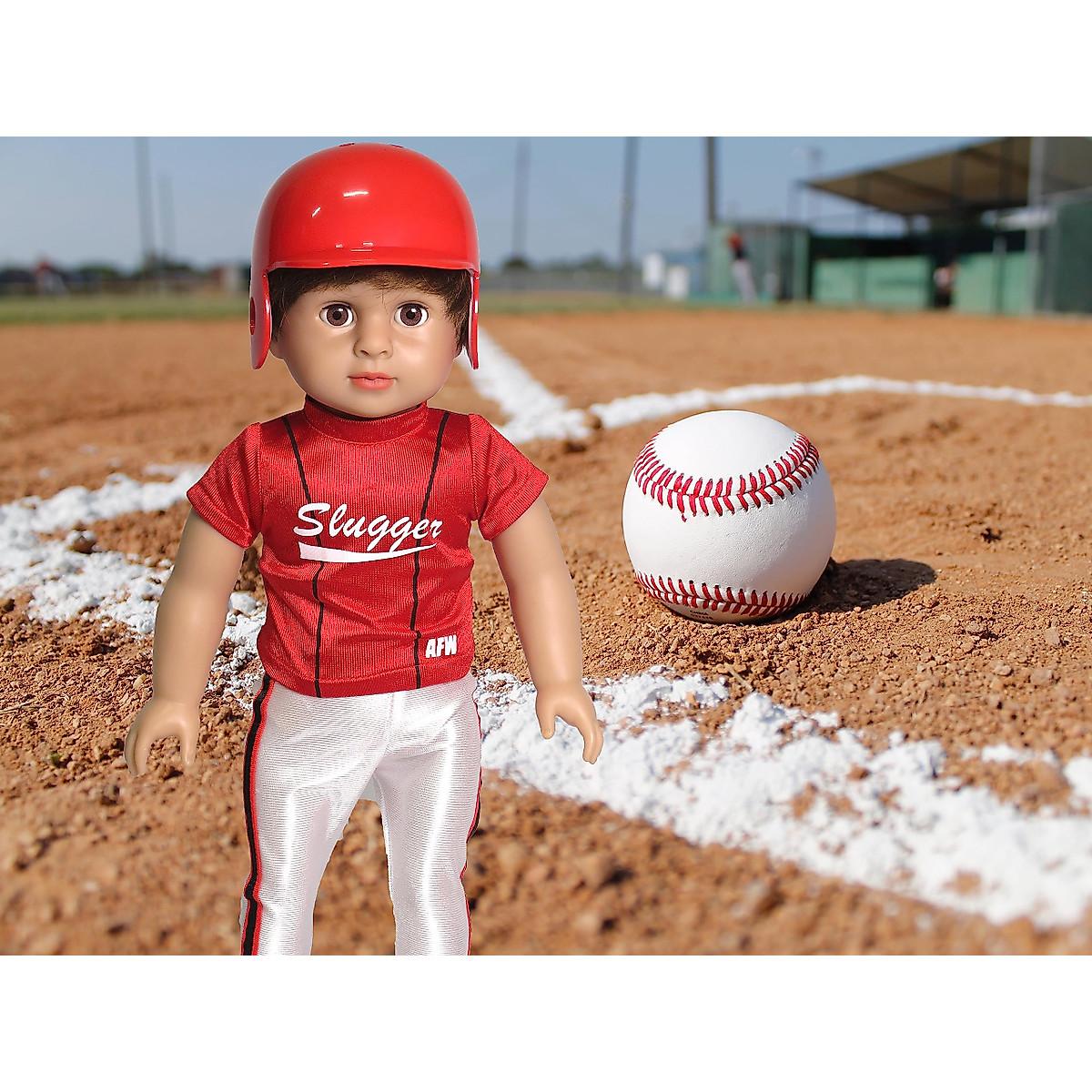 American Fashion World Red Baseball Uniform for 18-Inch Dolls | Accessories Included | Premium Quality & Trendy Design | Dolls Clothes | Outfit Fashions for Dolls for Popular Brands