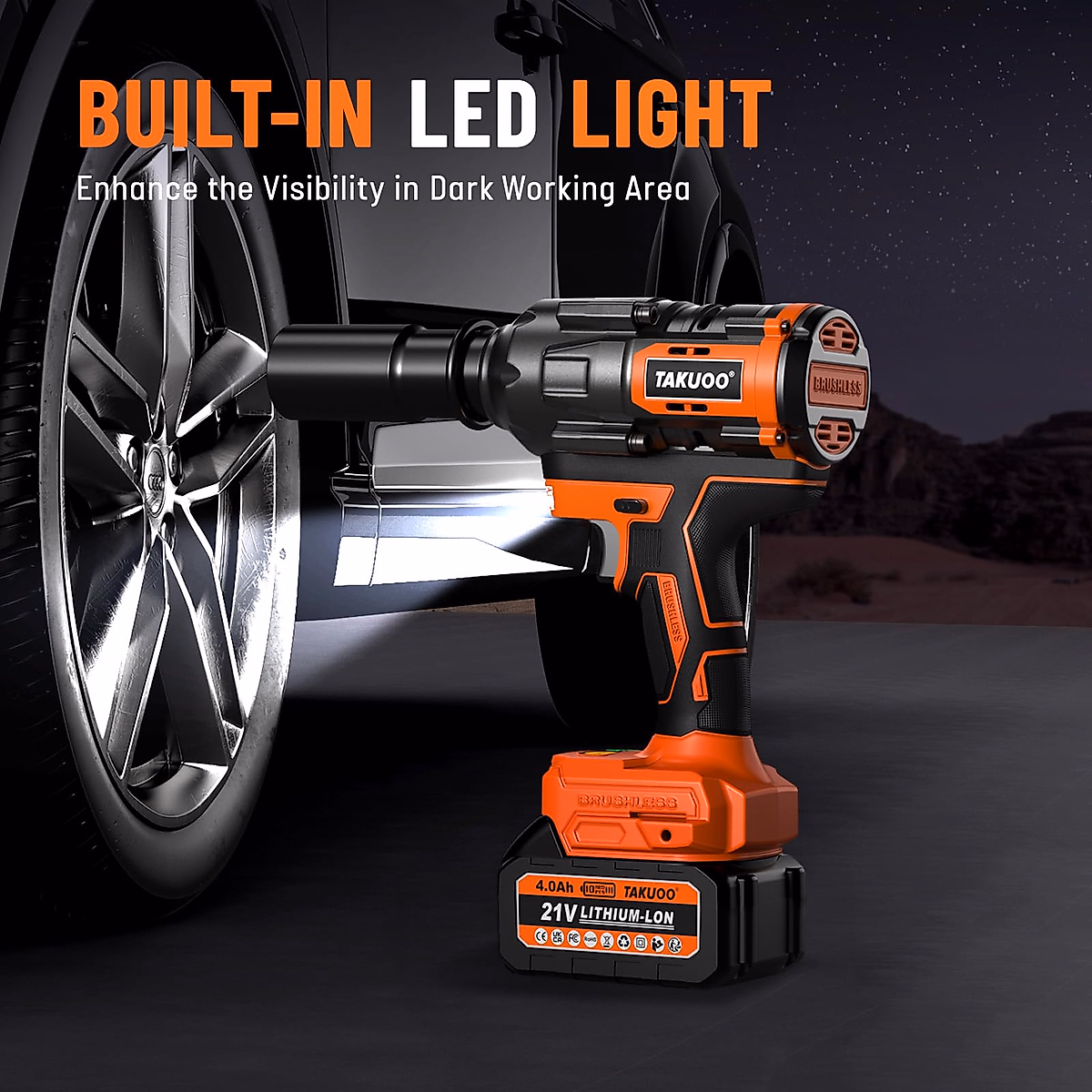 Takuoo 1300N.m(960Ft-lbs) Cordless Impact Wrench High Torque, 1/2" 21V Brushless Impact Gun w/2x 4.0AH Battery Fast Charger, Electric Power Impact Wrench for Truck RV Heavy-duty, 5 Sockets, Tool Box