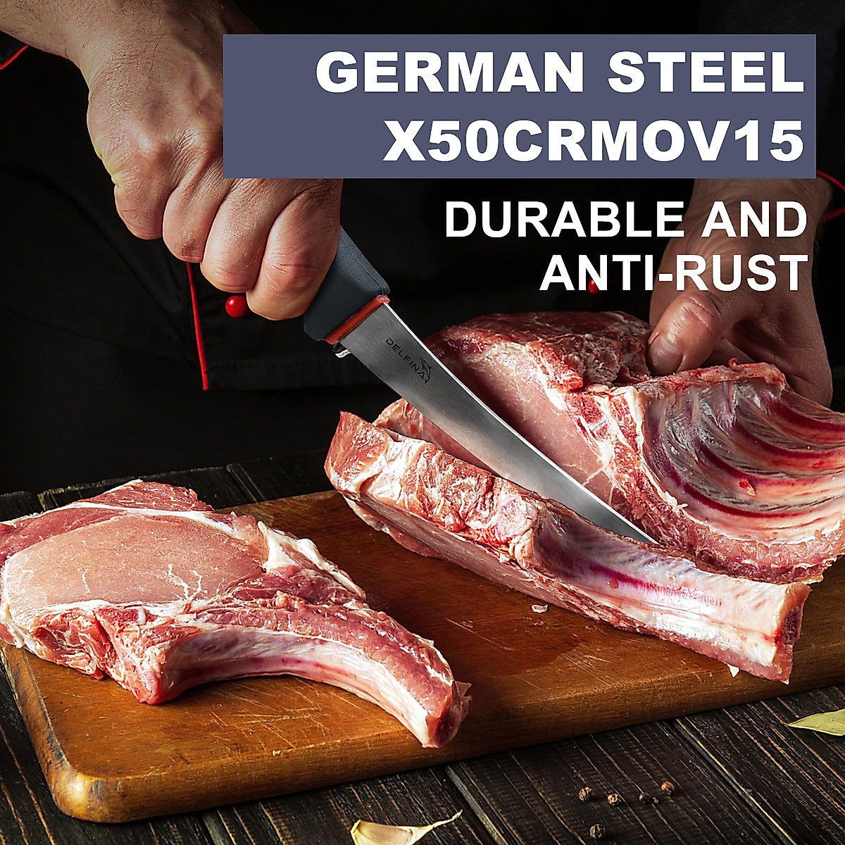 DELFINA 6 Inch Boning Knife for Meat Cutting, Semi-flexible Curved Blade Processing Knife, Premium Stainless Fish Fillet, BBQ Brisket Meat Trimming Butcher Knife for Kitchen Home Restaurant