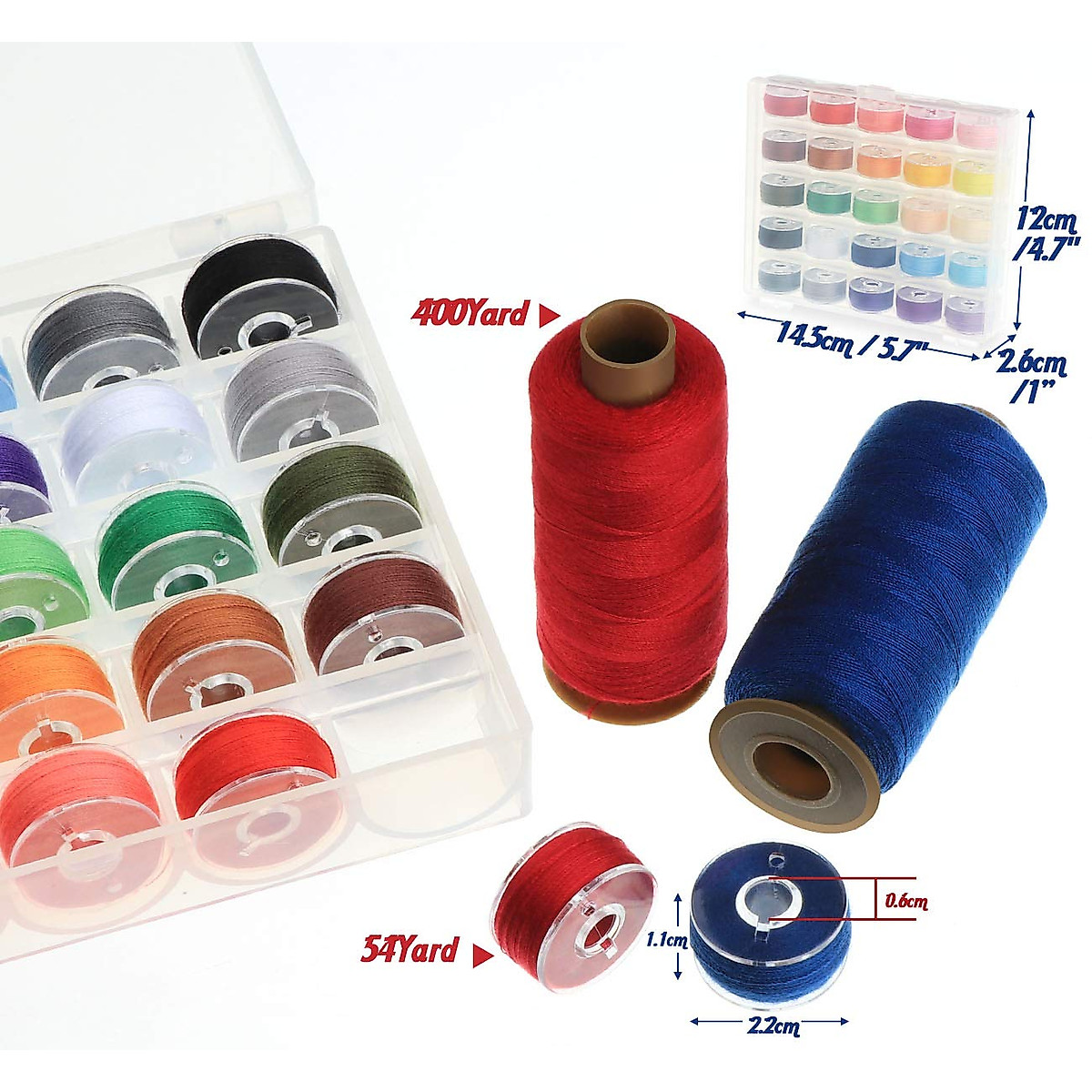 ilauke 50Pcs Bobbins Sewing Threads Kit, 400 Yards per Polyester Thread Spools, Prewound Bobbin with Case for Brother Singer Janome Machine, 25 Colors