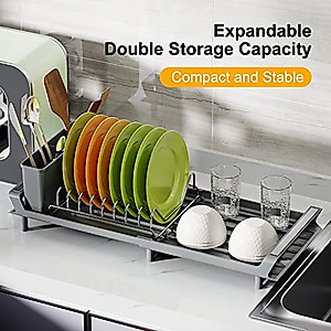OROPY Small Dish Drying Rack Expandable Dish Rack Dish Drainer and Utensil Holder, Compact Stainless Steel Dish Drain for Kitchen Counter Cabinet (Grey)