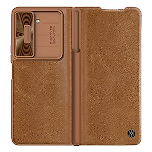FHZXHY Case for Samsung Galaxy Z Fold 5 with Slide Cover Camera Protection Removable S Pen Case Leather Flip Protective Case Cover for Galaxy z fold 5(2023)-Brown
