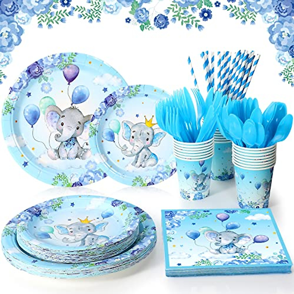 200 Pcs Elephant Baby Shower Party Supplies for 25 Guests Blue Paper Plates Cups Napkins Straws Tableware Sets for Boys Baby Shower Decorations Elephant Theme 1st Birthday Party Favors