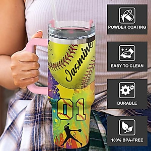 Catygift - Colorful Softball Player - Gift For Sport Lover - Personalized Customized 40oz Tumbler With Handle Can Change Color